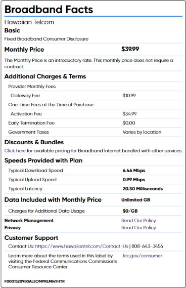 Hawaiian Telcom Broadband Labels for Residential Customers