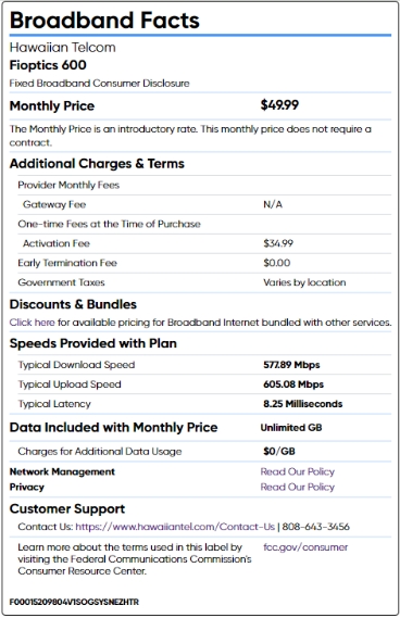 Hawaiian Telcom Broadband Labels for Residential Customers